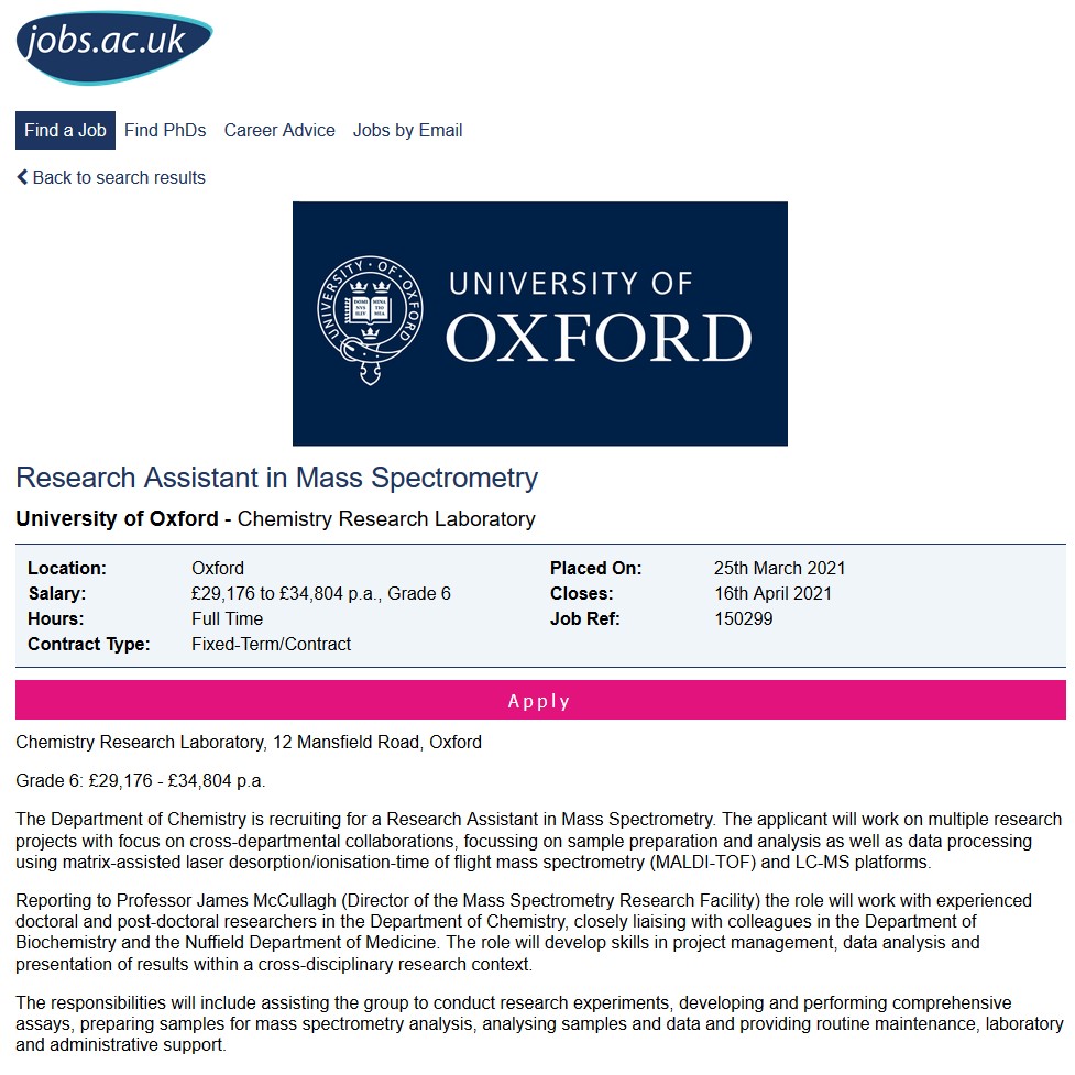 Recruiting - Research Assistant | Mass Spectrometry Research Facility